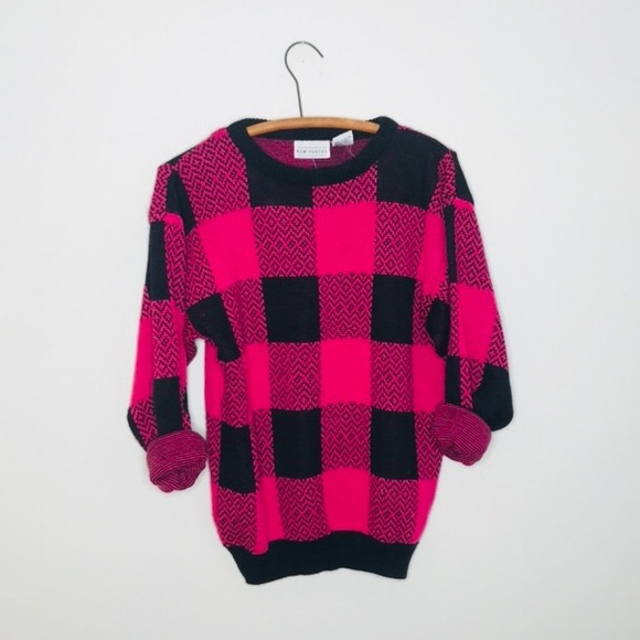 Vintage | Sweaters | Vintage Retro 8s Checkered Pink Chunky Pullover ...